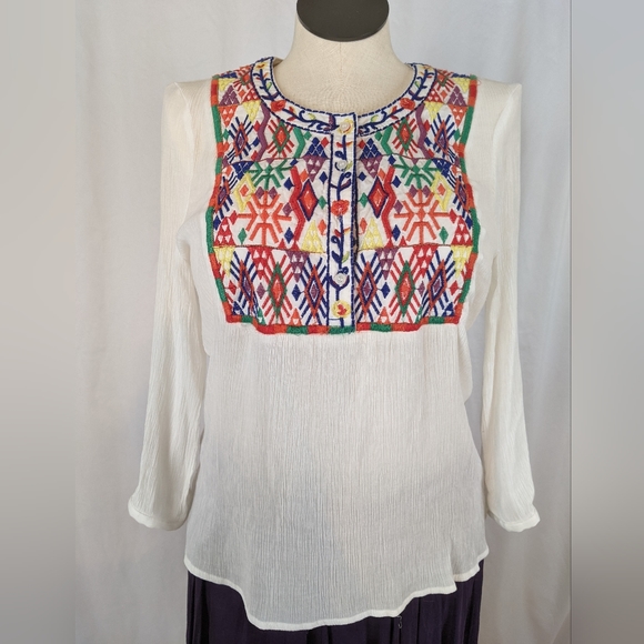 Cupio | Tops | Cupio Size Large White Blouse With Colorful Embroidery ...